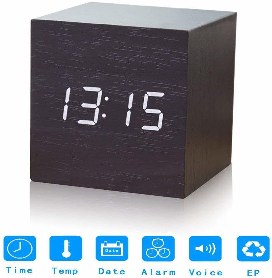 Wooden Grain Digital Voice Control Desk Alarm Clock - Black Wooden Grain Digital Voice Control Desk Alarm Clock - Black